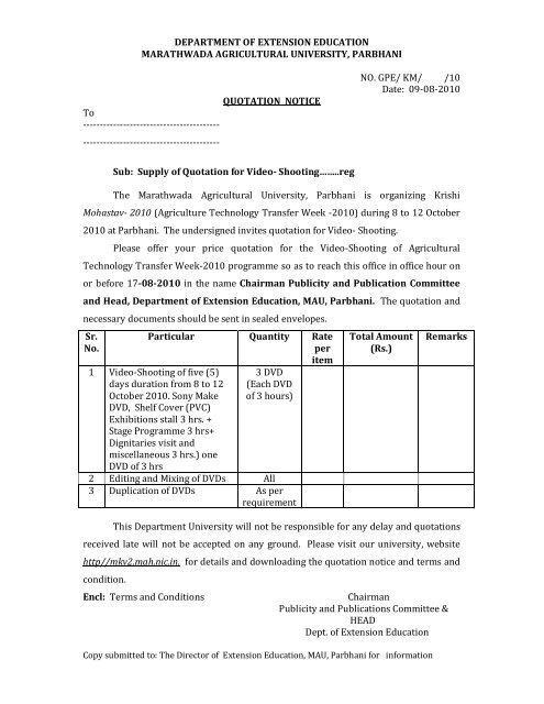 Supply of Quotation for Video Shooting. - Marathwada Krishi ...
