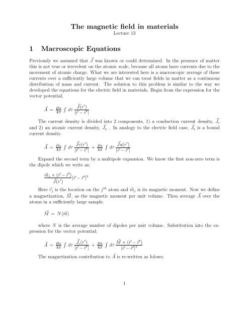 The magnetic field in materials 1 Macroscopic Equations