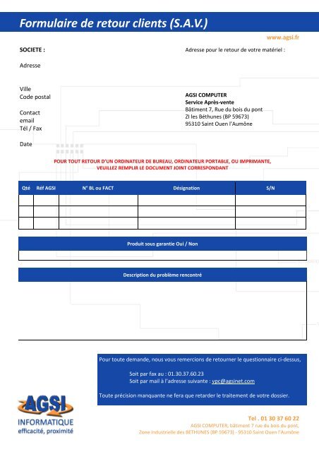 Formulaire SAV et documents de retour - AGSI