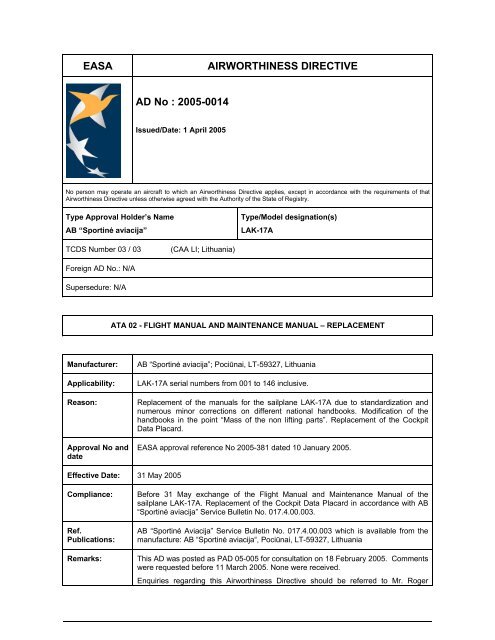 EASA AIRWORTHINESS DIRECTIVE AD No : 2005-0014