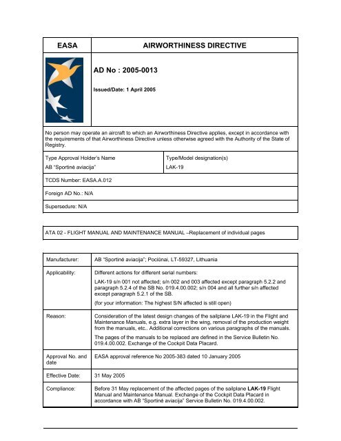 EASA AIRWORTHINESS DIRECTIVE AD No : 2005-0013