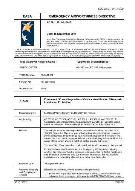 AD 2011-0180-E [Task 2011.259] AS332-EC225 - Goodrich hoist ...
