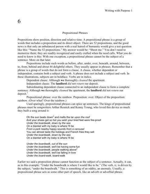 Writing with Purpose 1 Prepositional Phrases Prepositions show ...