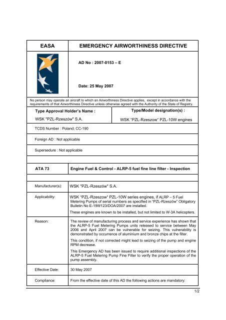EASA EMERGENCY AIRWORTHINESS DIRECTIVE