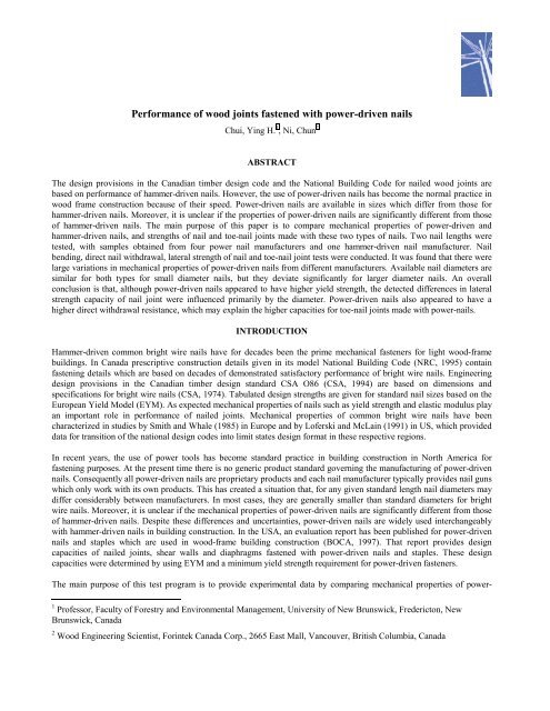 Performance of wood joints fastened with power-driven nails