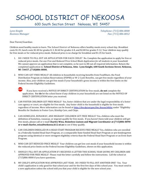Free/Reduced Lunch Application Form - School District of Nekoosa