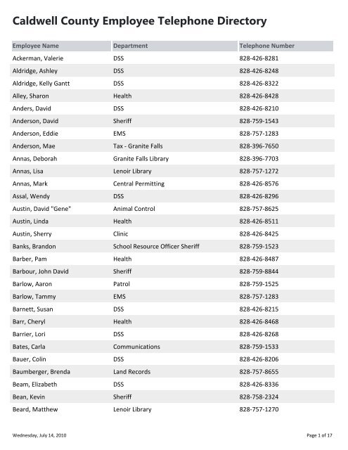 Caldwell County Employee Telephone Directory