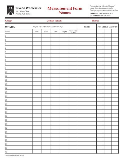 Measurement Form Women - Tuxedo Wholesaler