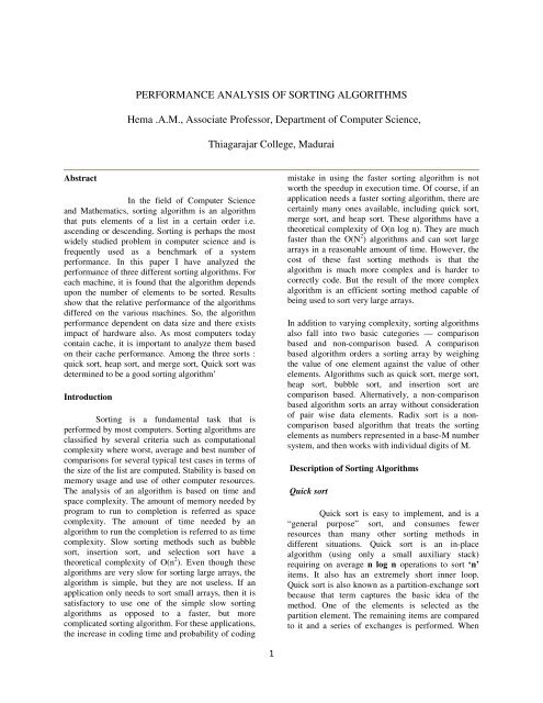 PERFORMANCE ANALYSIS OF SORTING ALGORITHMS ... - TeJAS PERFORMANCE ANALYSIS OF SORTING ALGORITHMS ... - TeJAS