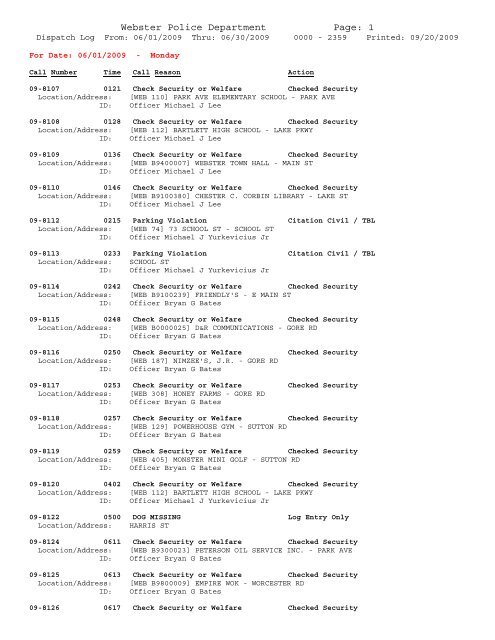 Dispatch Log From - Webster Police Department