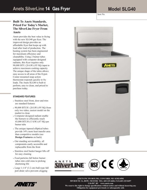 Anets SilverLine 14 Gas Fryer Model SLG40