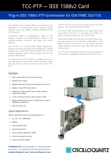 TCC-PTP - IEEE 1588v2 Card - Oscilloquartz SA