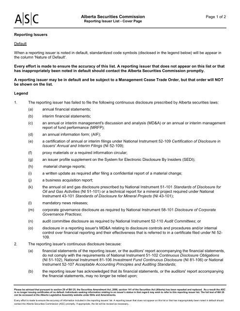 Reporting issuers list as of October 22, 2012 - Alberta Securities ...