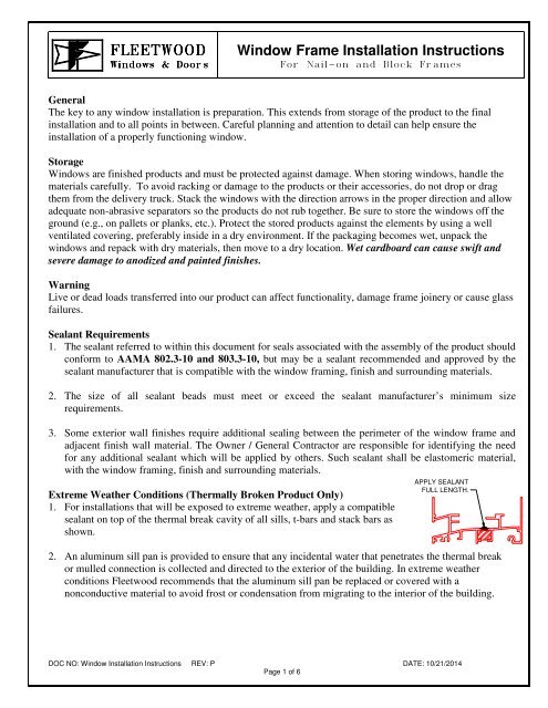 FLEETWOOD Window Frame Installation Instructions