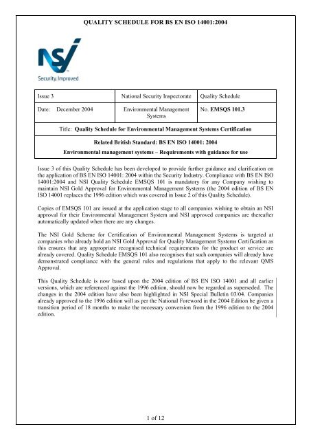 QUALITY SCHEDULE FOR BS EN ISO 14001:2004 1 of 12