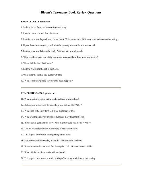 Bloom's Taxonomy Book Review Questions - Sky Mountain