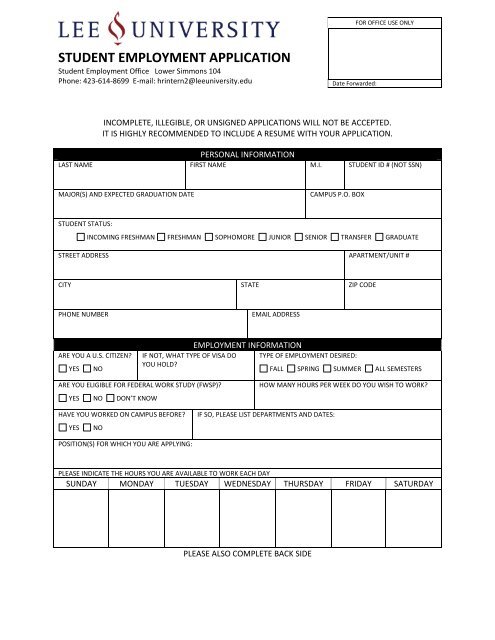 STUDENT EMPLOYMENT APPLICATION - Lee University