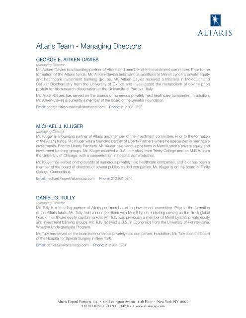 Altaris Team - Managing Directors - Altaris Capital Partners, LLC