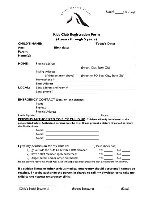 Kids Club Registration Form - Grand Targhee Resort