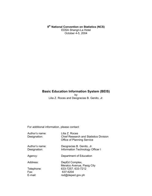 Basic Education Information System (BEIS) - NSCB