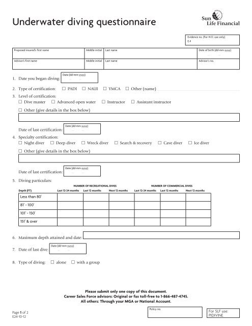 Underwater diving questionnaire - Sun Life Financial