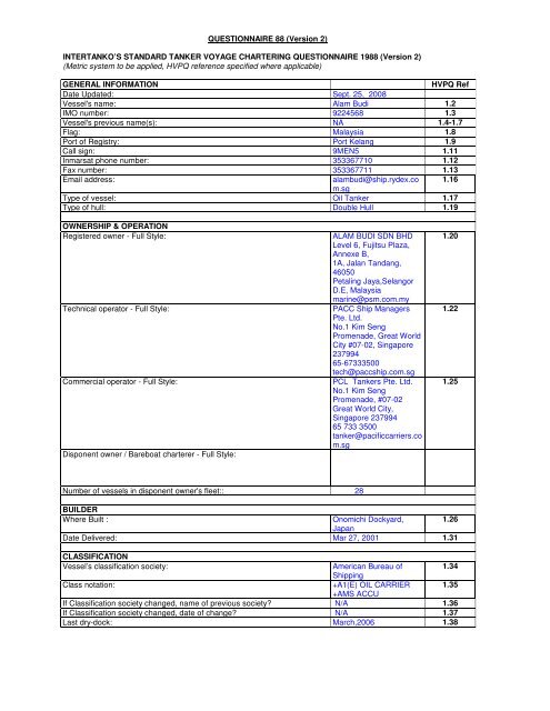 QUESTIONNAIRE 88 (Version 2) INTERTANKO'S STANDARD ...