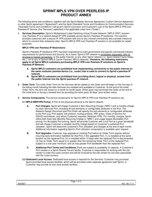 SPRINT MPLS VPN OVER PEERLESS IP PRODUCT ANNEX