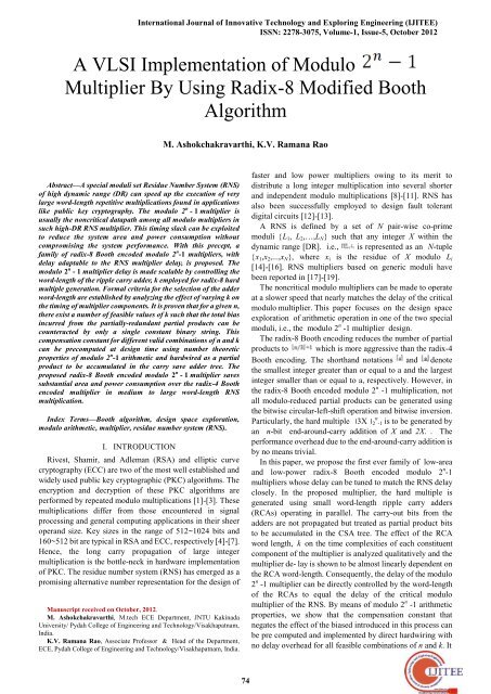 A Vlsi Implementation Of Modulo 2 N 1 Multiplier By Using Radix 8