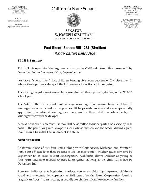 SB 1381 Fact Sheet--Kindergarten Entry Age