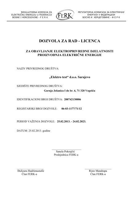DOZVOLA ZA RAD - LICENCA - FERK