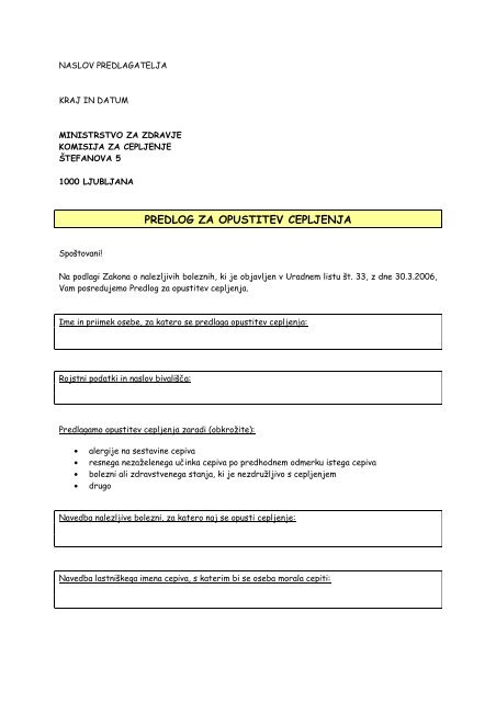 Predlog za opustitev cepljenja - obrazec