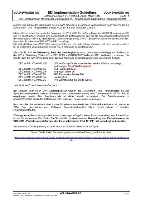 Satzbeschreibung VDA 4913, aufbereitet fÃ¼r Guidelines - barok.org