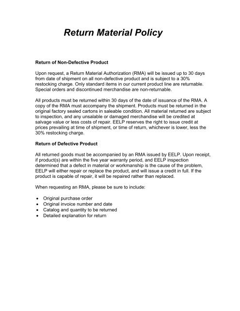 Return Material Request Form (RMA) - Eelp