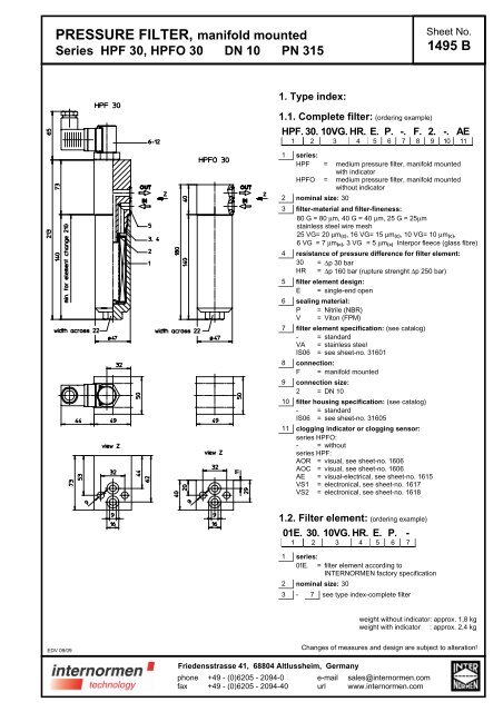 PRESSURE FILTER, manifold mounted - internormen.com