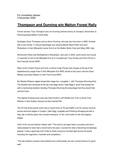 Thompson and Dunning win Malton Forest Rally - Malton Motor Club