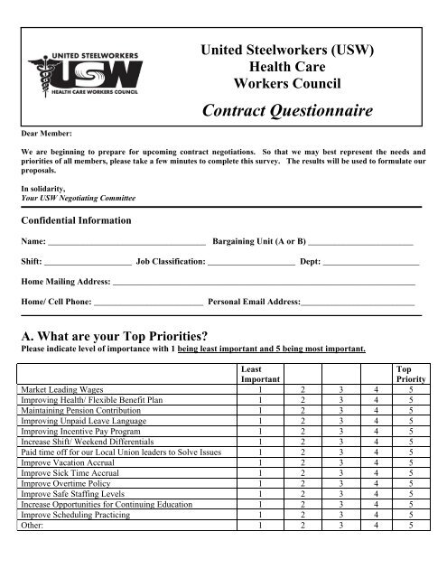 Contract Questionnaire - United Steelworkers