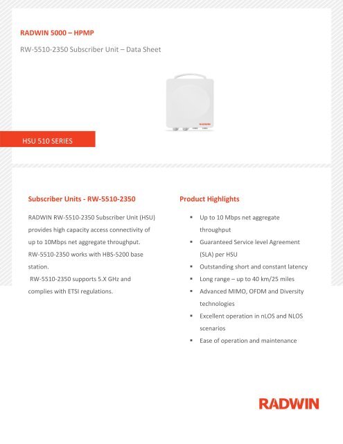 RW-5510-0A50 Subscriber Unit Data Sheet: Radwin 5000 HPMP, 48% OFF