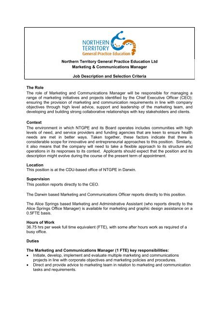 Northern Territory General Practice Education Ltd Marketing ... - ntgpe