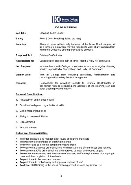 JOB DESCRIPTION Job Title Cleaning Team ... - Bexley College