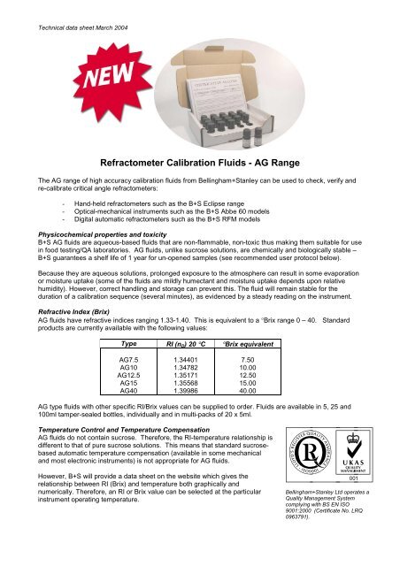 Refractometer Calibration Fluids - AG Range - Bellingham and Stanley