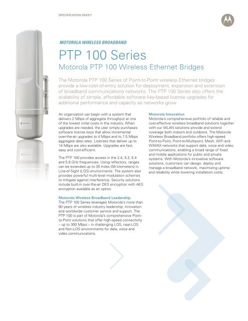 Motorola PTP 100 Wireless Ethernet Bridges