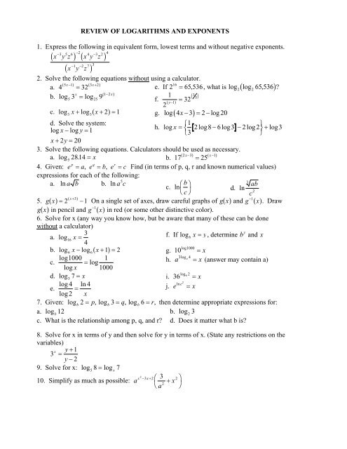Review of Logs and Exponents - Wildstrom