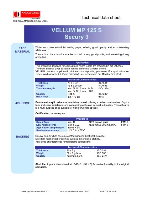 Technical data sheet - MACtac europe