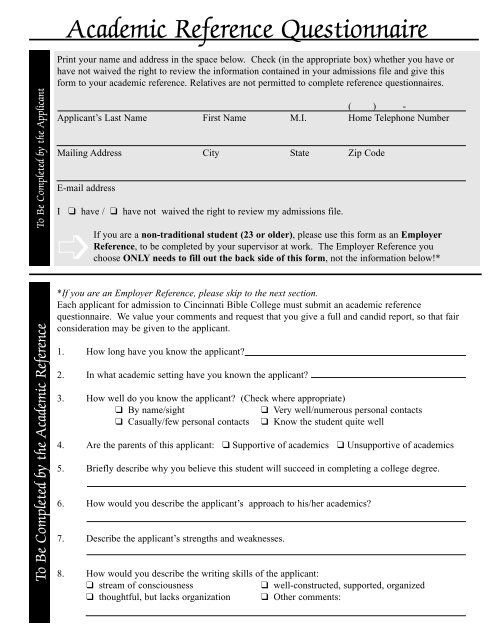 Academic Reference Questionnaire