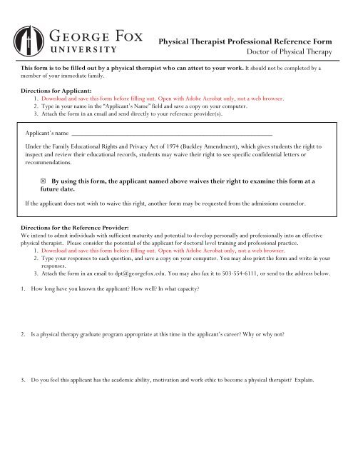 Physical Therapist Professional Reference Form Doctor of Physical ...