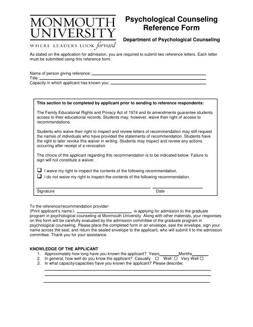 Psychological Counseling Reference Form - Monmouth University