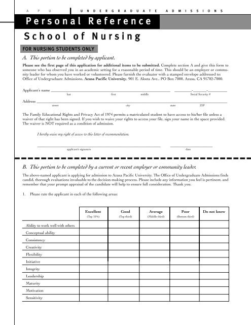 Personal Reference Form for the School of Nursing (PDF)