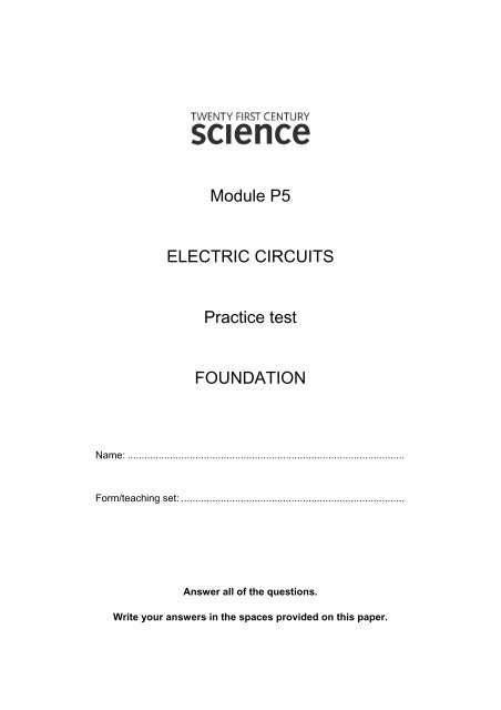 Module P5 ELECTRIC CIRCUITS Practice test FOUNDATION