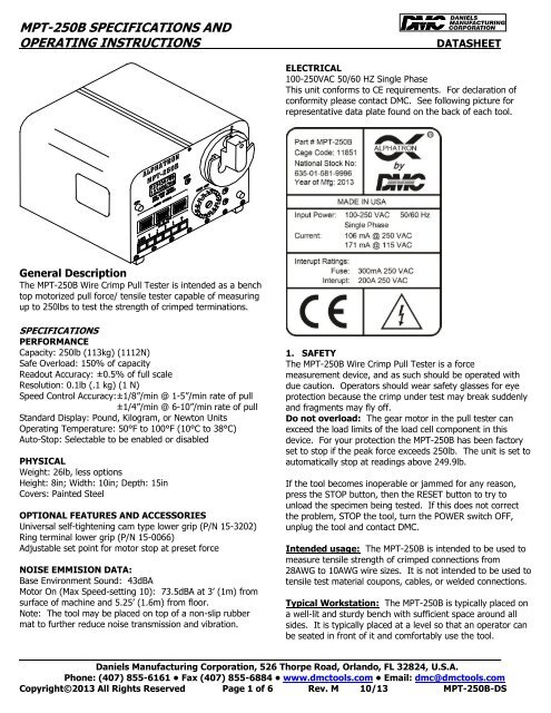mpt-250b specifications and operating instructions - Daniels ...