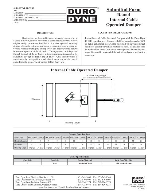 Round INTERNAL Cable Operated Damper Submittal - Duro Dyne